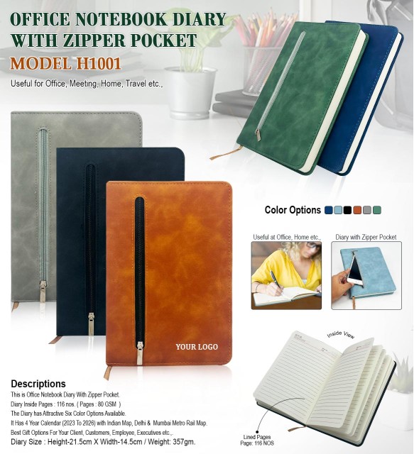 PU Leather Office Notebook Diary with Zipper | Custom Branding – H1001